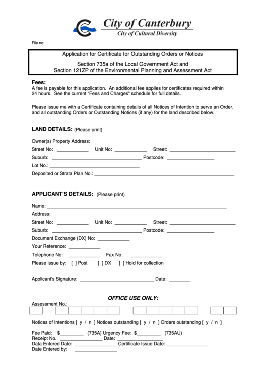 Application For Certificate For Outstanding Orders Or Notices (Sect ...