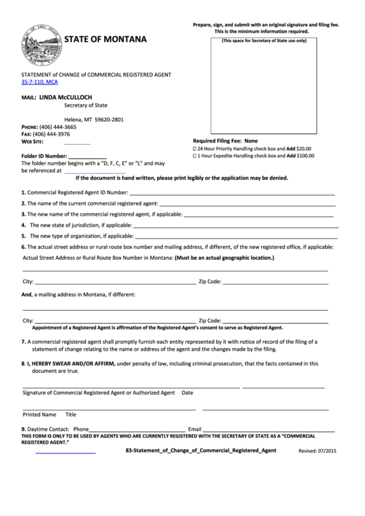 Fillable Form 83 - Statement Of Change Of Commercial Registered Agent ...