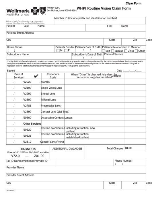 Fillable Form C-9331 - Whpi Routine Vision Claim Form printable pdf ...