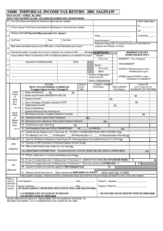 Form S1040 - Individual Income Tax Return 2001 printable pdf download