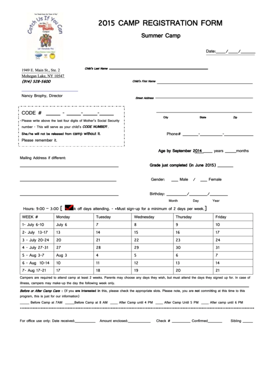 Camp Registration Form printable pdf download
