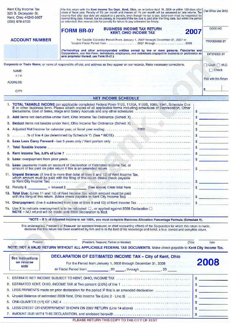 Form Br-07-2008 - Business Income Tax Return printable pdf download