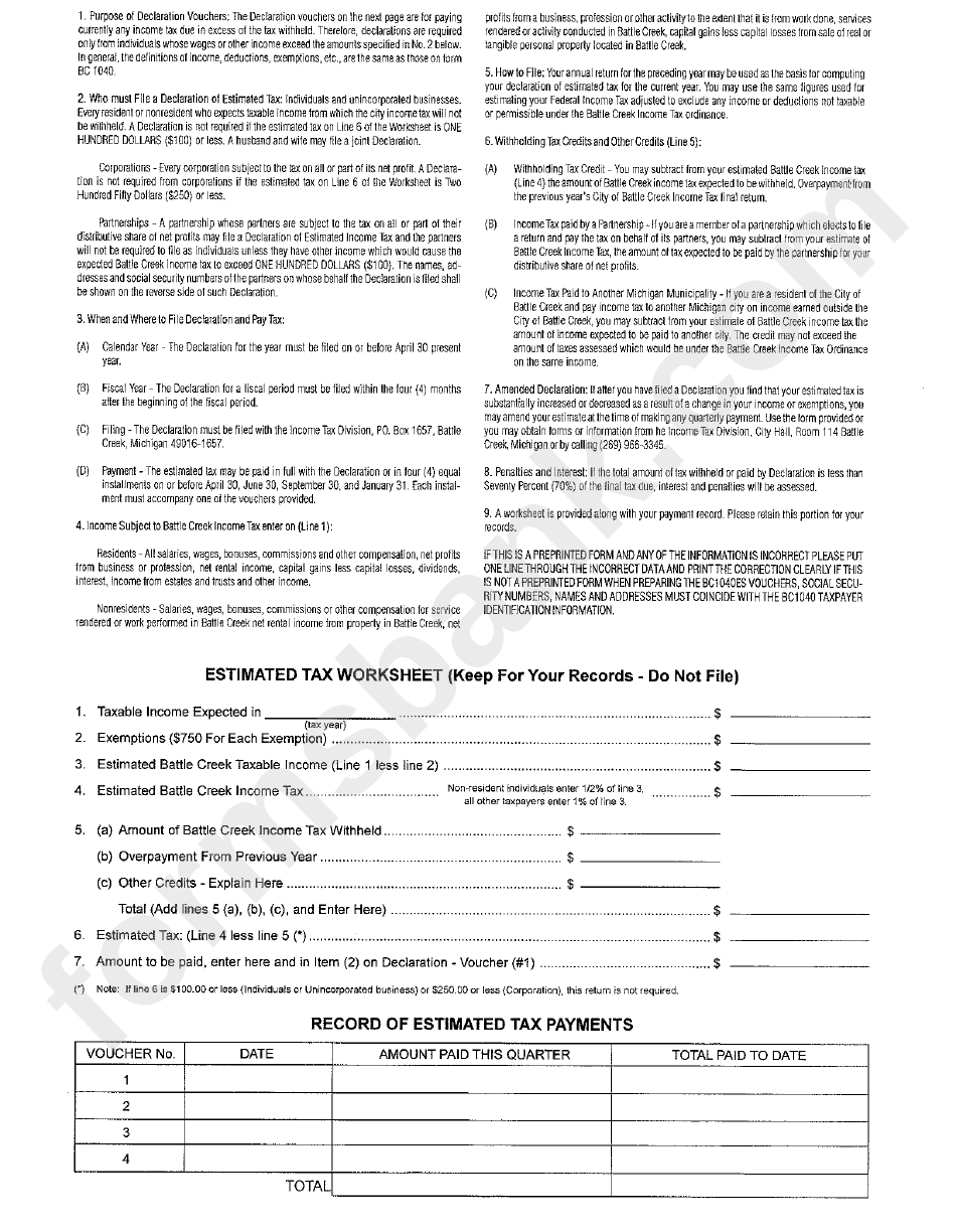 Estimated Tax Payments Record Worksheet printable pdf download