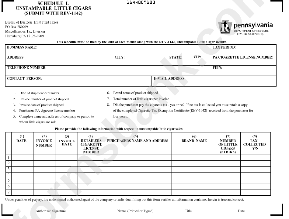 Schedule L - Unstampable Little Cigars Form printable pdf download