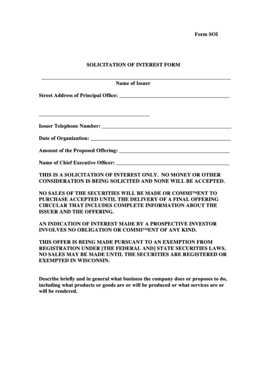 Form Soi - Issuer Solicitation Of Interest Form printable pdf download