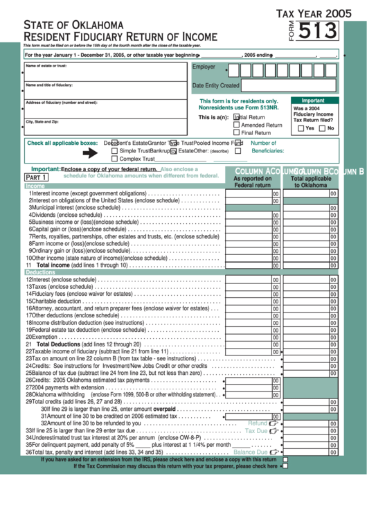 Form 513 - Resident Fiduciary Return Of Income - 2005 printable pdf ...