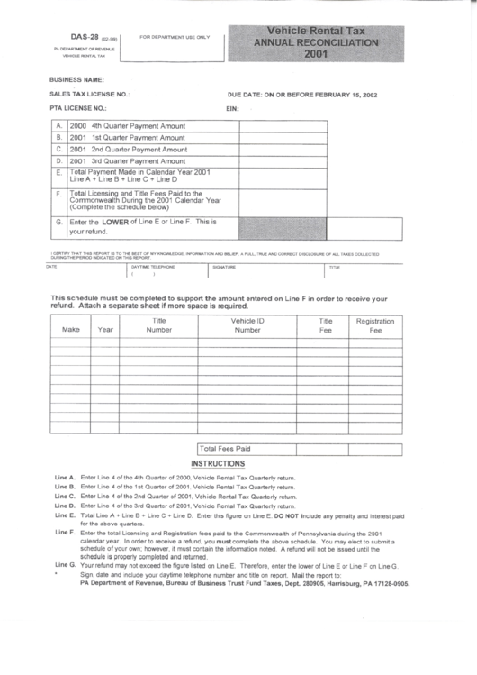 Form Das-28 - Vehicle Rental Tax Annual Reconciliation - 2001 printable ...