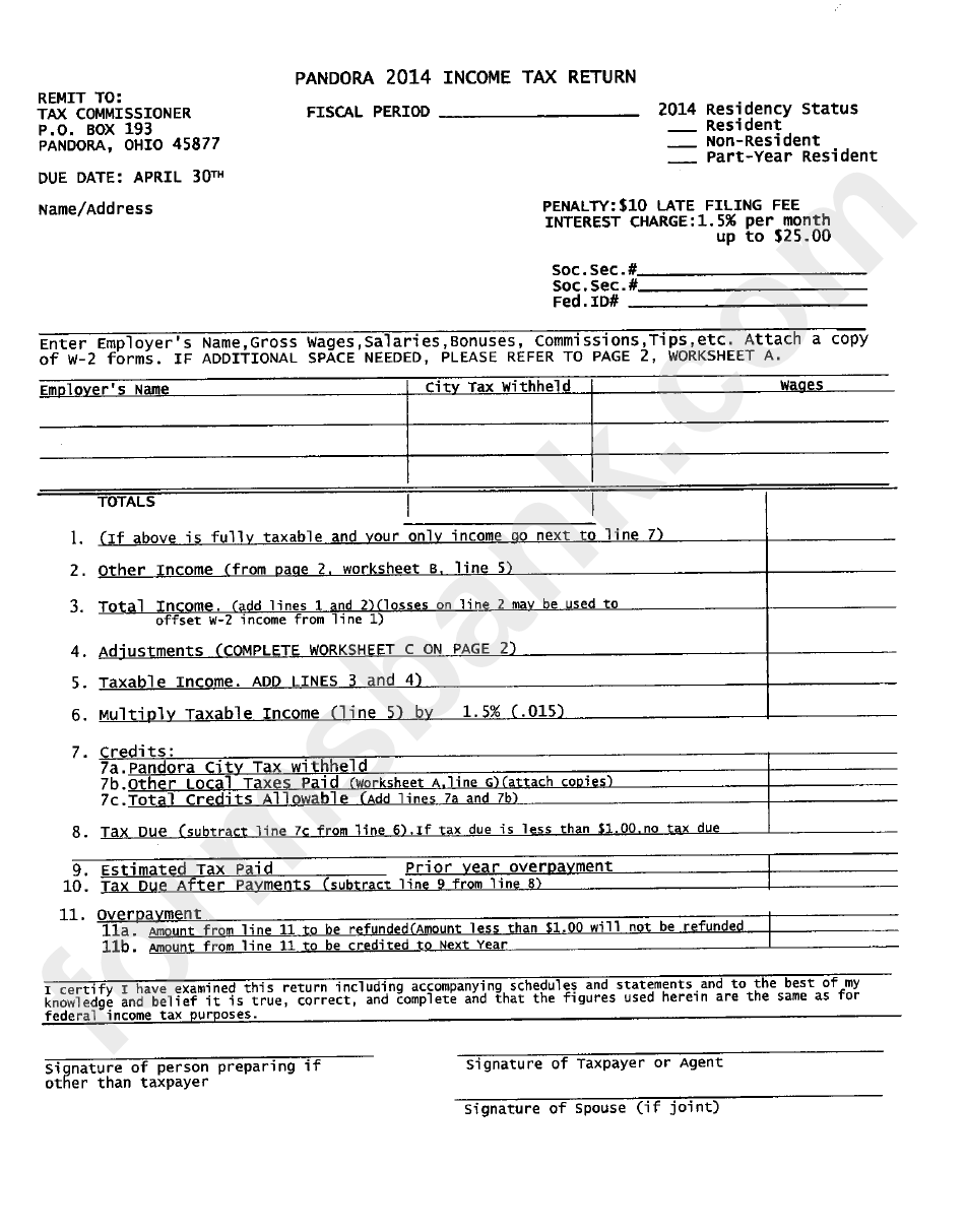 Pandora 2014 Income Tax Return Form printable pdf download