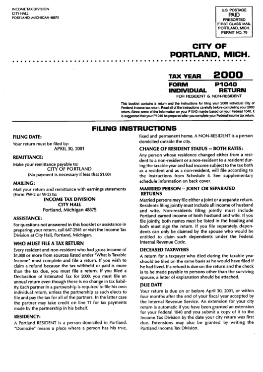 Form P 1040 - Individual Return - City Of Portland printable pdf download