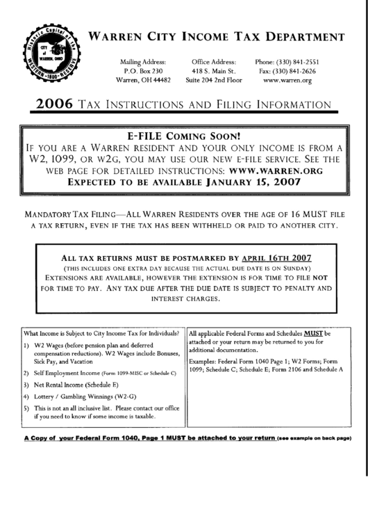 Tax Form Instructions And Filing Information - 2006 printable pdf download
