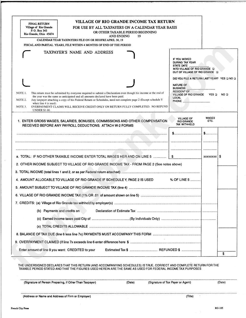 Income Tax Reurn Form - Village Of Rio Grande Income Tax Department ...