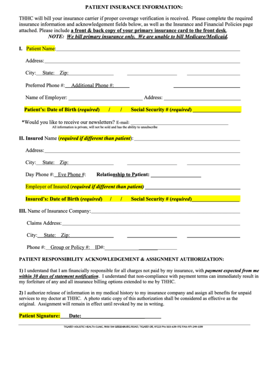 Patient Insurance Information Template printable pdf download