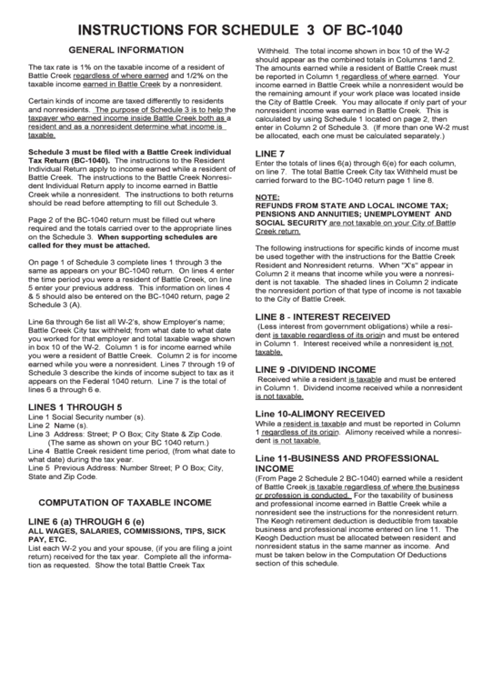 Instructions For Schedule 3 Of Form Bc-1040 printable pdf download
