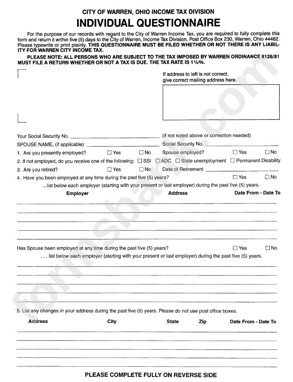 Individual Questionnaire Form printable pdf download