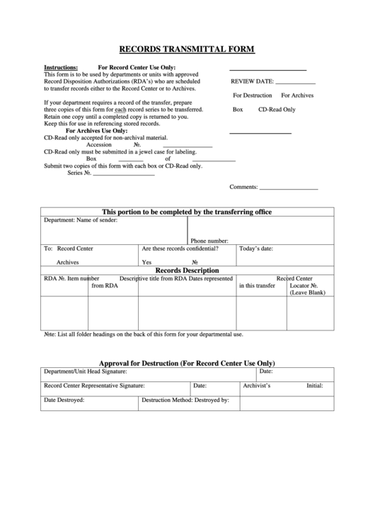 Rda Records Transmittal Form printable pdf download