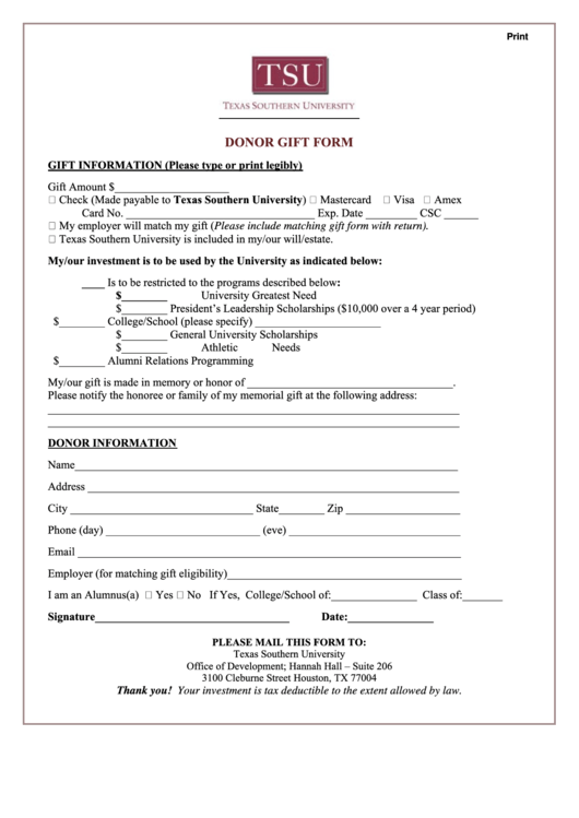 Fillable Tsu Donor Gift Form printable pdf download