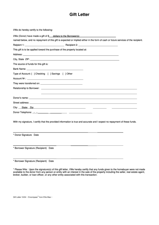 Fillable Gift Letter For Mortgage Template Printable Pdf Download