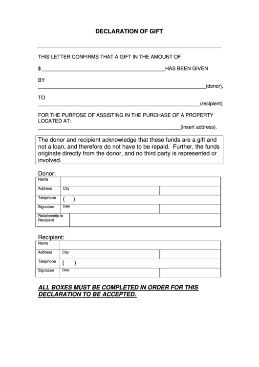 Declaration Of Gift For Mortgage printable pdf download