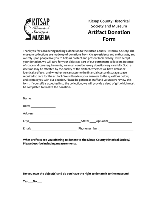Fillable Kitsap Artifact Donation Form printable pdf download