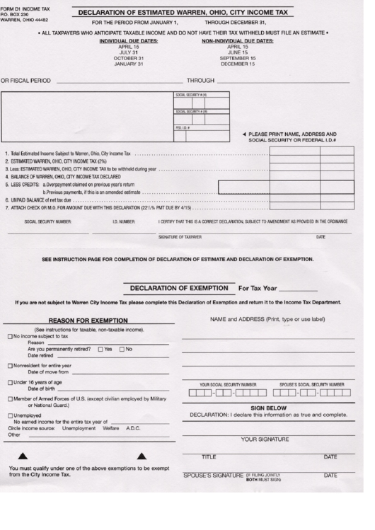 Form D1 Declaration Of Estimated Warren Printable Pdf Download