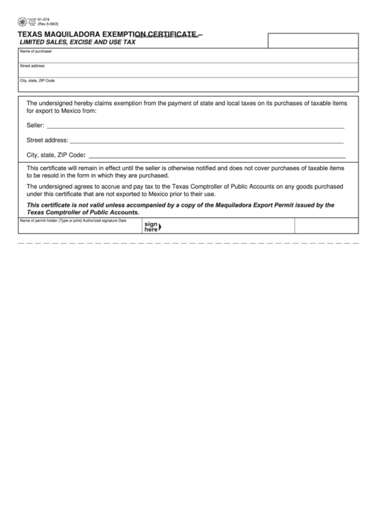 Fillable Form 01-374 - Texas Maquiladora Exemption Certificate ...
