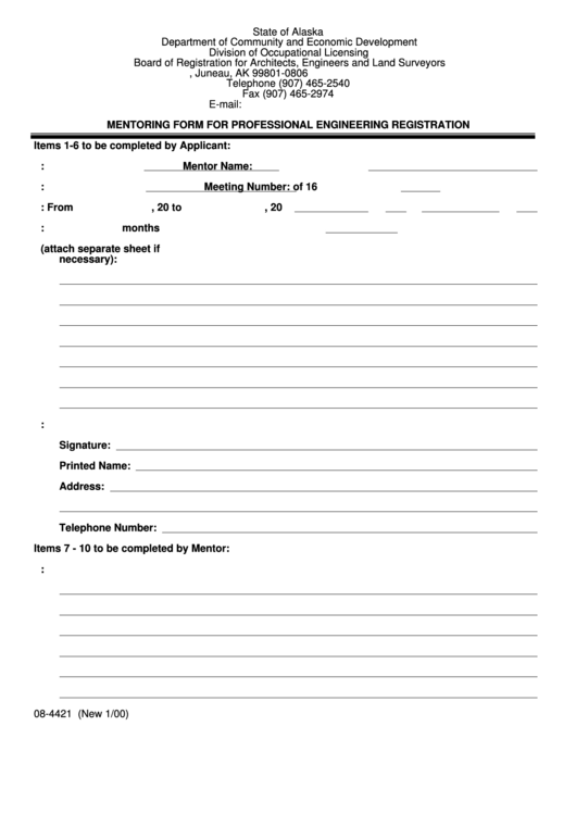 Fillable Form 08-4421 - Mentoring Form For Professional Engineering ...