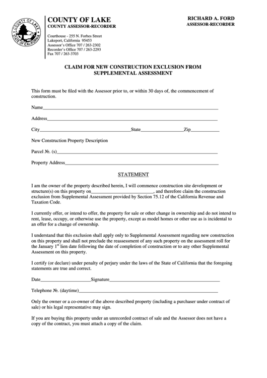 Claim For New Construction Exclusion From Supplemental Assessment ...
