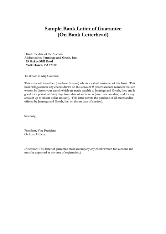 Sample Bank Letter Of Guarantee Printable Pdf Download