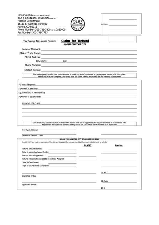 Claim For Refund printable pdf download