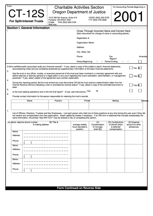 Fillable Form Ct-12s - Tax Return For Split-Interest Trusts - 2001 ...