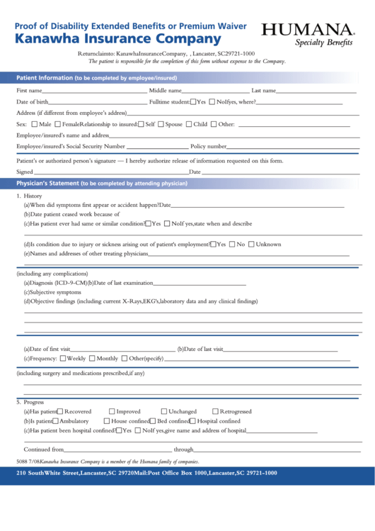 Proof Of Disability Extended Benefits Or Premium Waiver printable pdf ...