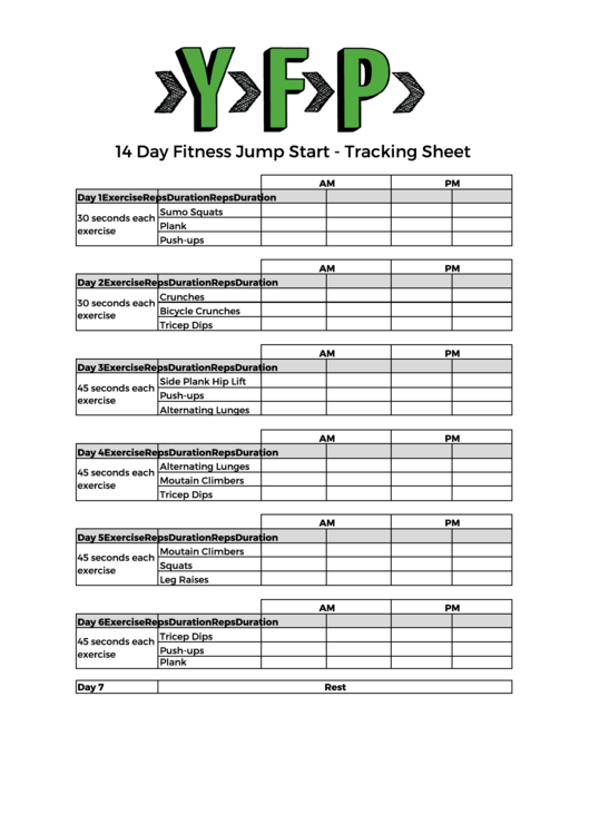 14 Day Fitness Jump Start - Tracking Sheet printable pdf download