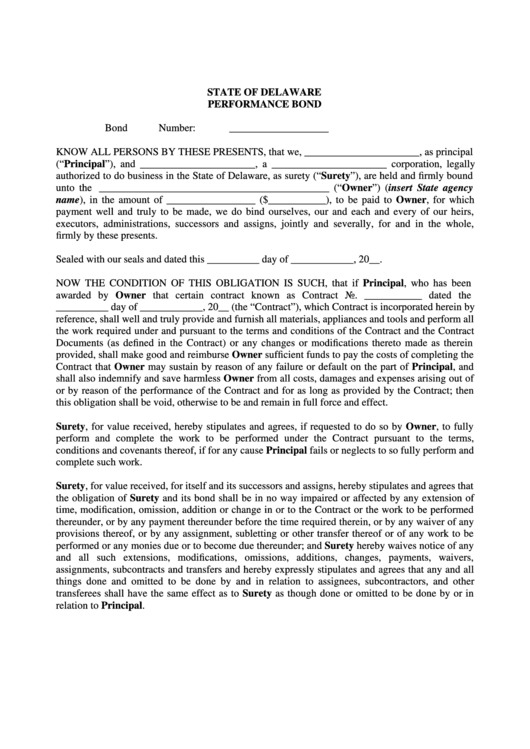 Performance Bond Form - State Of Delaware printable pdf download