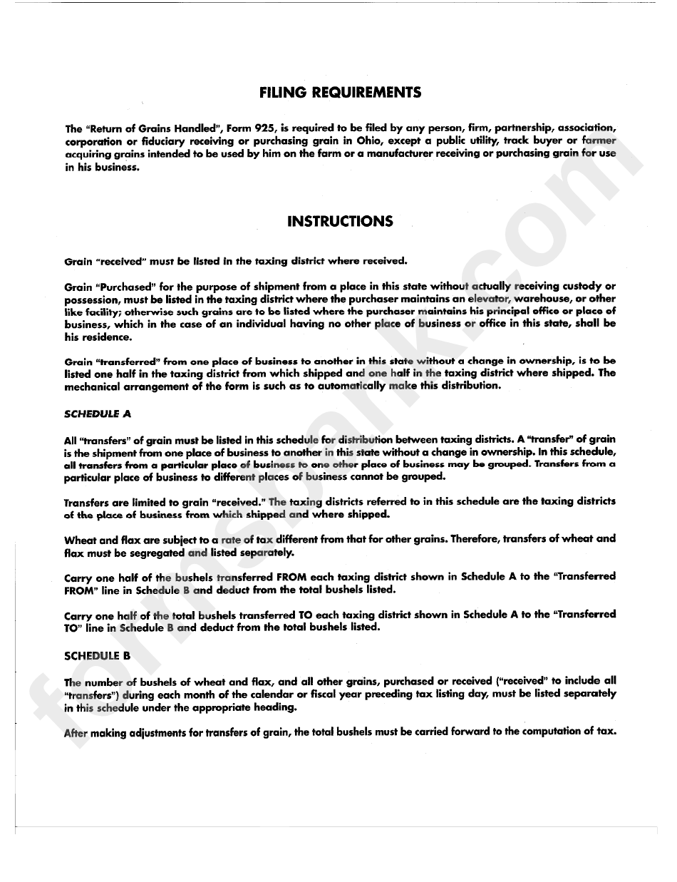 Form 925 - Return Of Grains Handled - Instructions printable pdf download