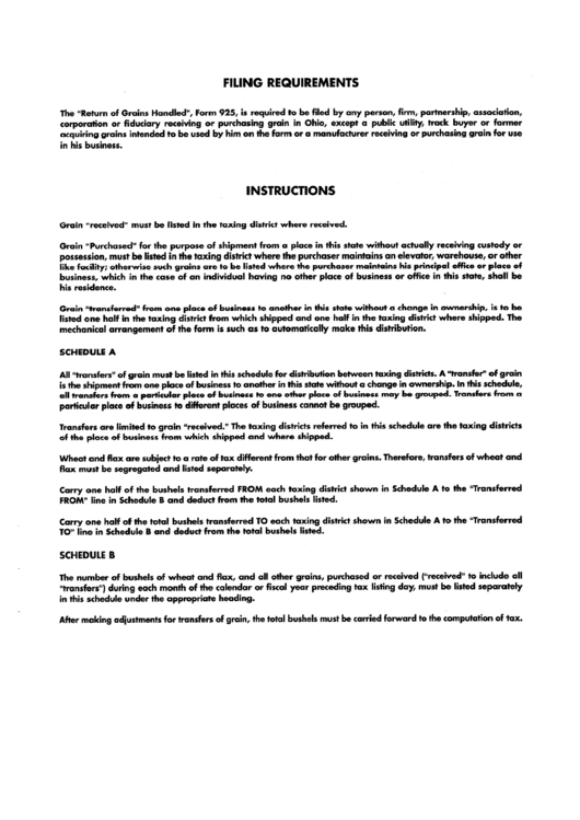 Form 925 - Return Of Grains Handled - Instructions printable pdf download