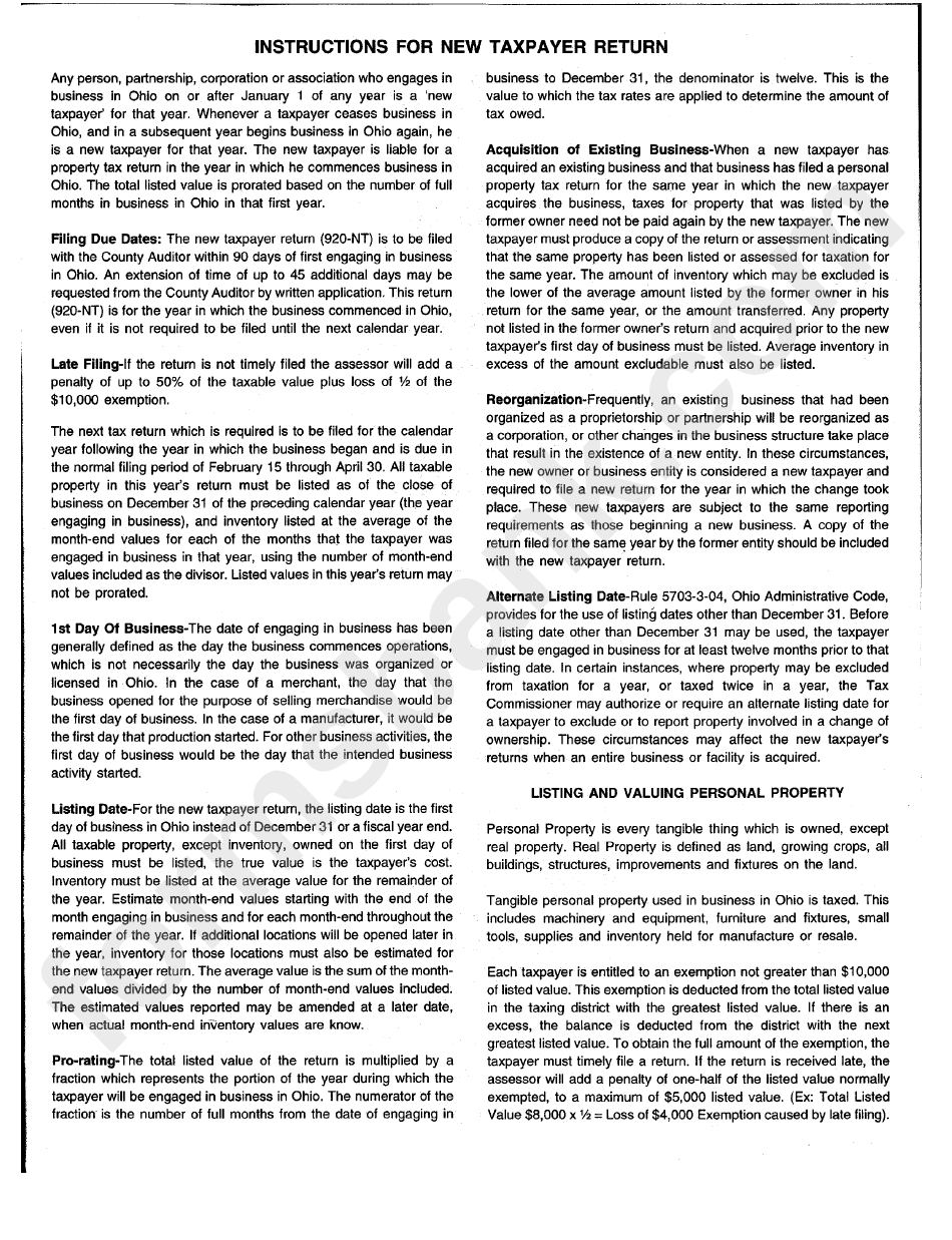 Form 920-Nt - New Taxpayer Return - Instructions printable pdf download