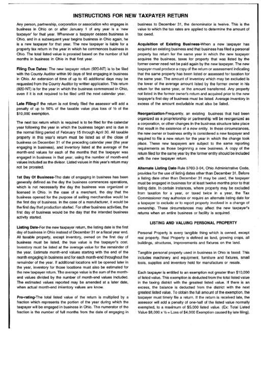 Form 920-Nt - New Taxpayer Return - Instructions printable pdf download