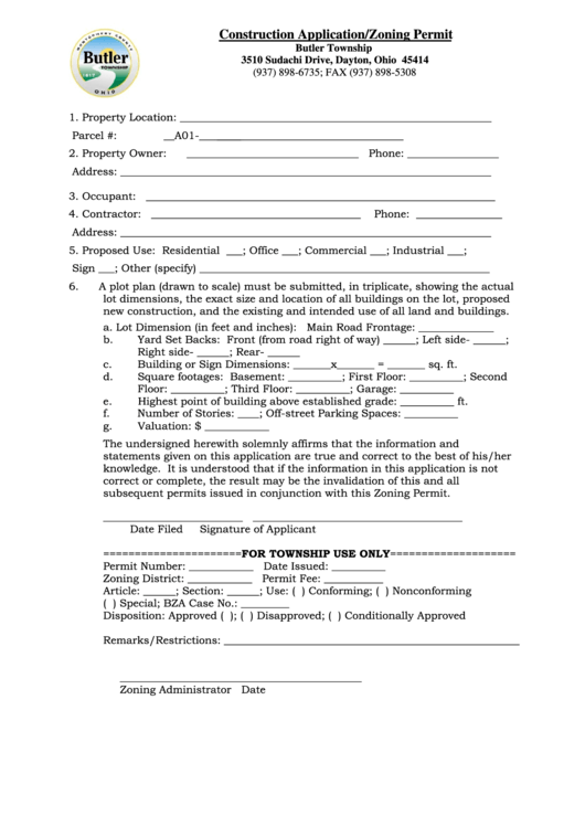 Construction Application/zoning Permit printable pdf download