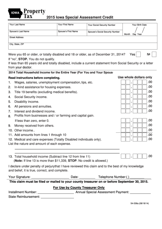 Iowa Special Assessment Credit Form - 2015 printable pdf download