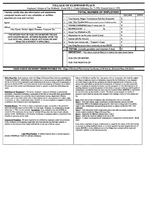 Form Ew-1 - Employer'S Return Of Tax Withheld - Village Of Elmwood ...