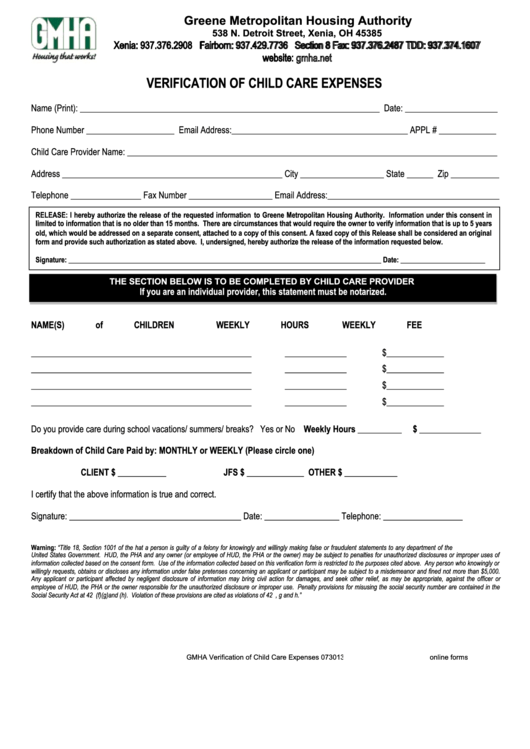 Verification Of Child Care Expenses Form Printable Pdf Download