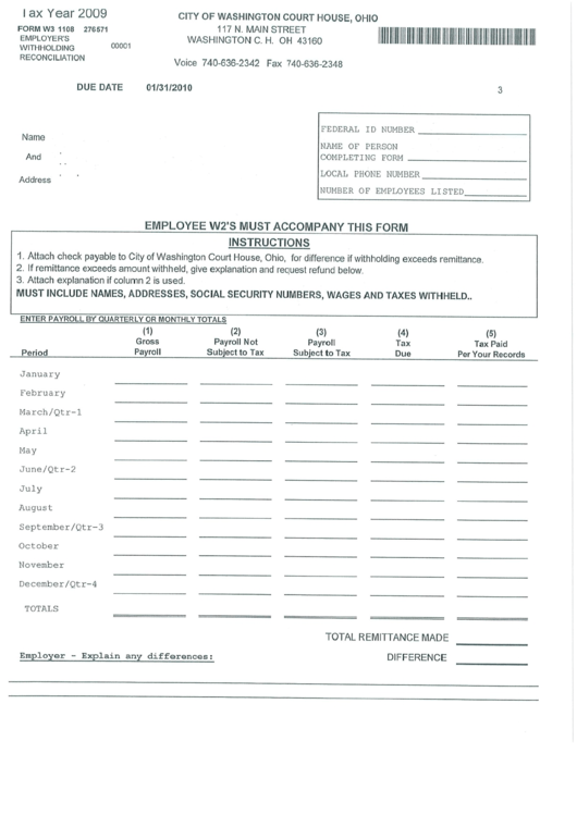 Form W3 - Employer'S Withholding Reconciliation printable pdf download