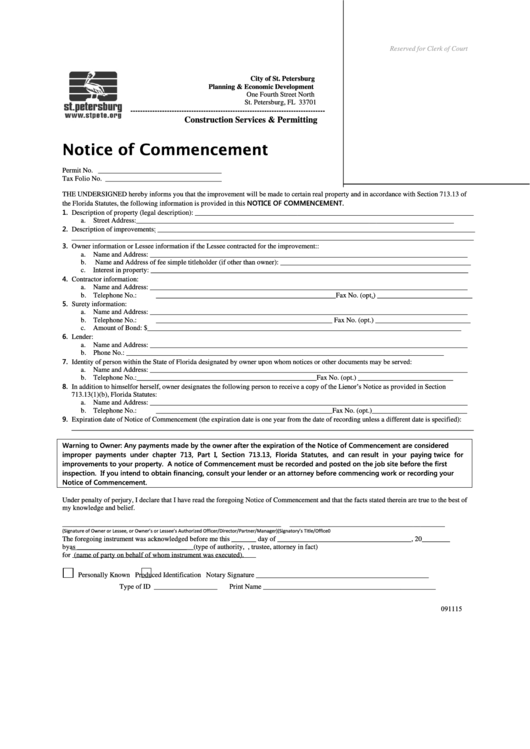 Notice Of Commencement - City Of St. Petersburg printable pdf download