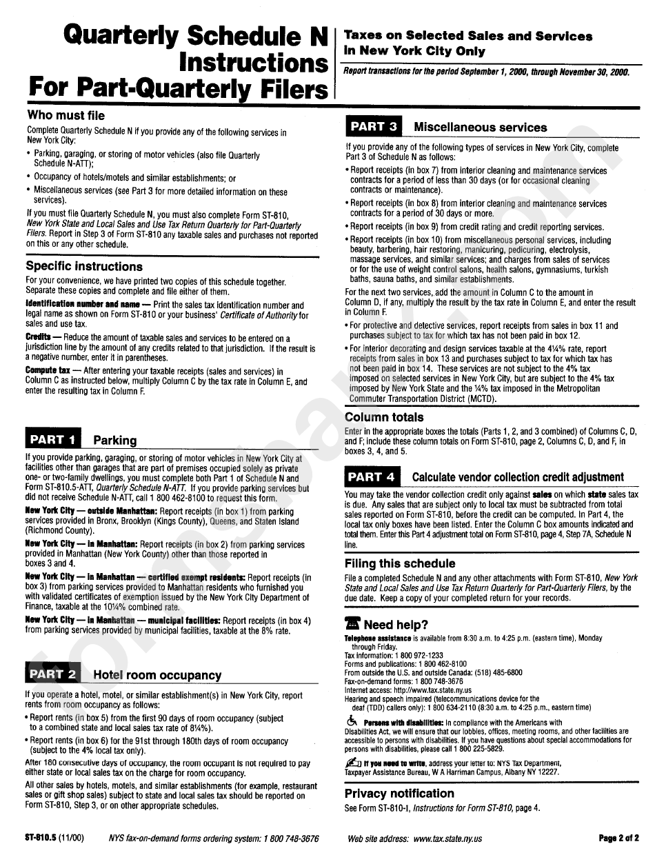 Quarterly Schedule N Instructions Form St-810.5 printable pdf download