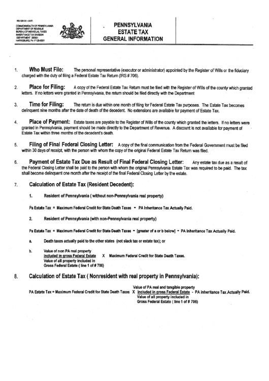 Estate Tax Form General Information - Commonwealth Of Pennsylvania ...