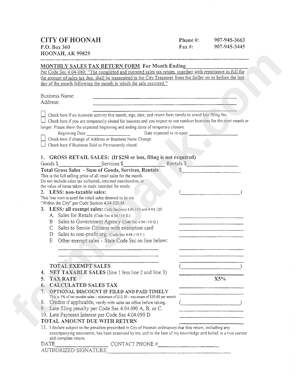 Monthly Sales Tax Return Form printable pdf download