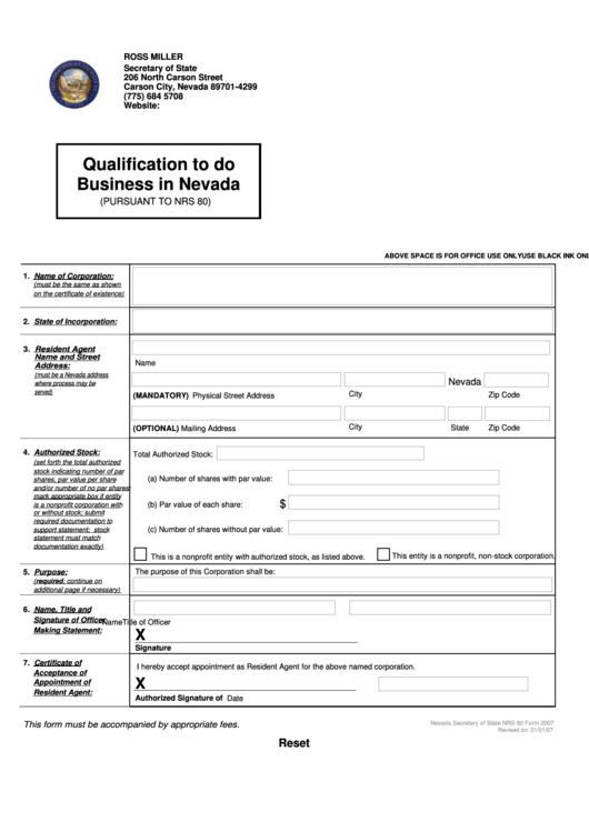 Fillable Form Nrs 80 - Qualification To Do Business In Nevada January ...