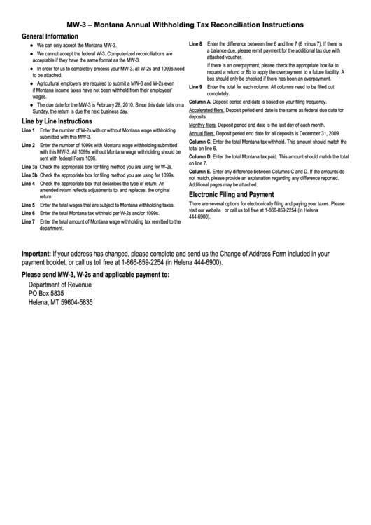 Form Mw-3 - Montana Annual Withholding Tax Reconciliation Instructions ... Form Mw-3 - Montana Annual Withholding Tax Reconciliation Instructions ...