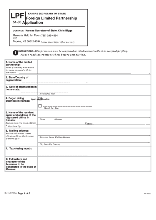 Form Lpf 51-06 - Foreign Limited Partnership Application printable pdf ...