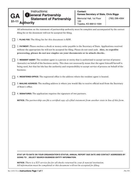 Form Ga 51-11 - General Partnership Statement Of Partnership Authority ...